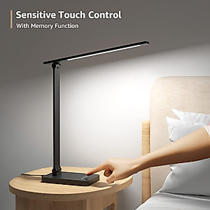 Lepro LED Desk Lamp with USB Charging Port Dimmable Home Office Touch Control Reading Table Lamp,3 Color Modes with 5 Brightness Level,College Dorm Room Essentials, Eye Caring, Sewing, Crafting, Black