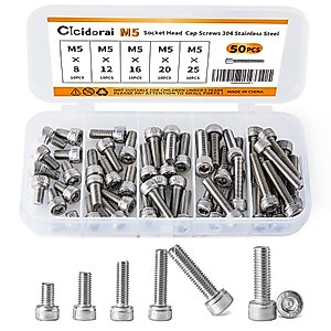Cicidorai M5 x 8mm 12mm 16mm 20mm 25mm Socket Head Cap Screws Bolts, Stainless Steel 304, Metric Allen Hex Drive, Fully Threaded, Bright Finish, 50PCS