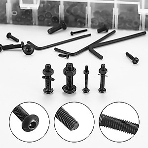 1225 Pcs M2 M3 M4 M5 Hex Button Socket Head Cap Screws Bolts Nuts Flat Washers Assortment Kit, Carbon Steel Black Machine Screws and Nuts and Bolts and Washers Set(1225Black)