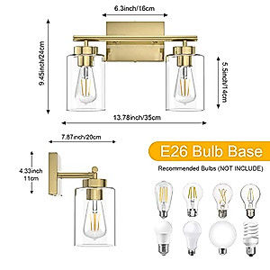 Bathroom Light Fixtures,Brushed Brass Vanity Light, Gold Wall Sconces Lighting, Modern Bath Wall Mounted Lights with Glass Shade, Gold Wall Sconce for Living Room, Bedroom, Hallway(Exclude Bulb)