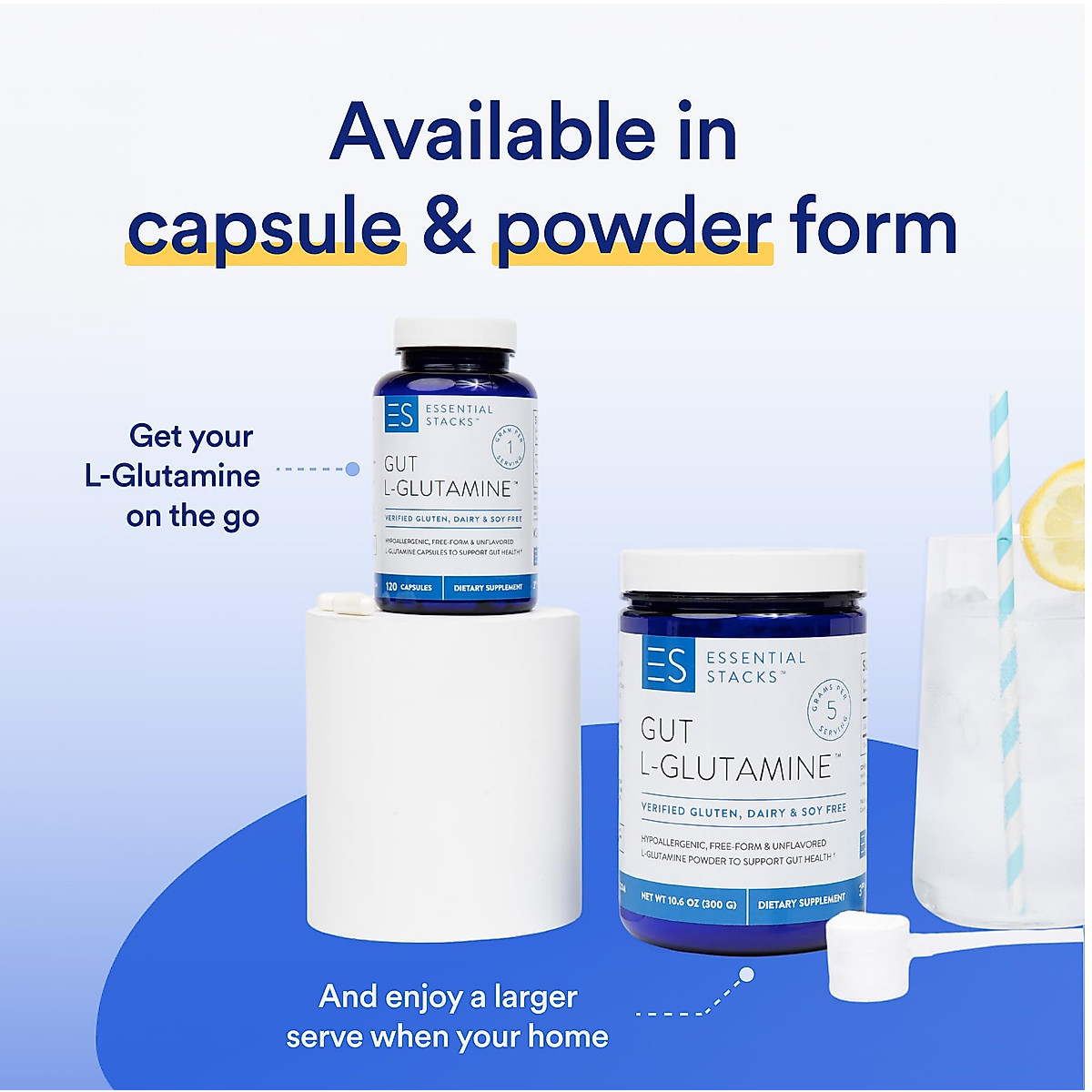 Essential Stacks Gut L-Glutamine Powder - Made in USA - Pure L Glutamine Powder for Gut Health - Dairy, Soy & Gluten Free, Non-GMO, Vegan Glutamine Supplement