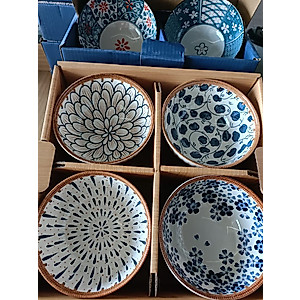 RYUHYF ceramic bowl, Japanese rice bowl, with gift box. 10 oz thick blue and white porcelain bowl, kitchen cereal bowl, dessert bowl (Two bowls set)