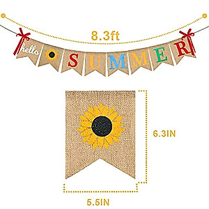 Hello Summer Burlap Banner Rustic Garland Decorations with Sunflower, Pool Beach Barbecue Hawaiian Party Decor Supplies