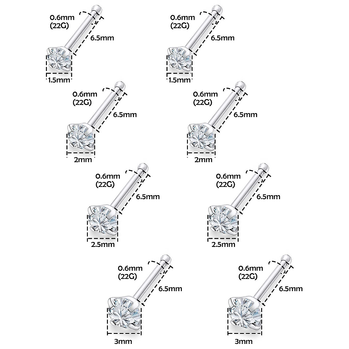 Lsnevsie Nose Rings Studs for Women 22G 316L Surgical Stainless Steel Straight Silver Opal Hypoallergenic Nose Nostril Stud Ring Pin Bone Body Piercing Jewelry for Men Diamond CZ 1.5mm 2mm 2.5mm 3mm