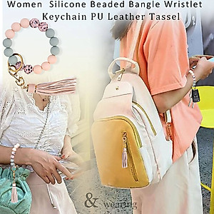 BIHRTC Keychain Bracelet Silicone Key Ring Wristlet with Leather Tassel Wrist Key Ring Bangle Silicone Bead keyring for Women Girls