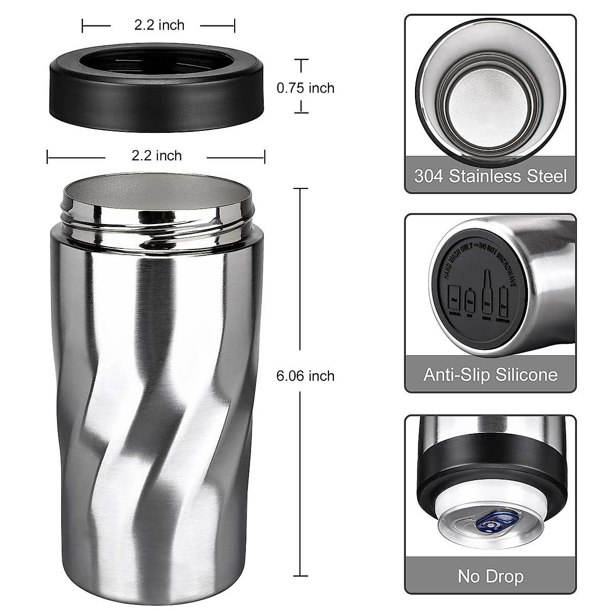 Insulated Stainless Steel 24 oz Tumbler with Freezable Drink Can Cooler for all 12 oz Slim Can,Regular Can,Beer Bottle & All Drinks (Stainless Steel Drawed)