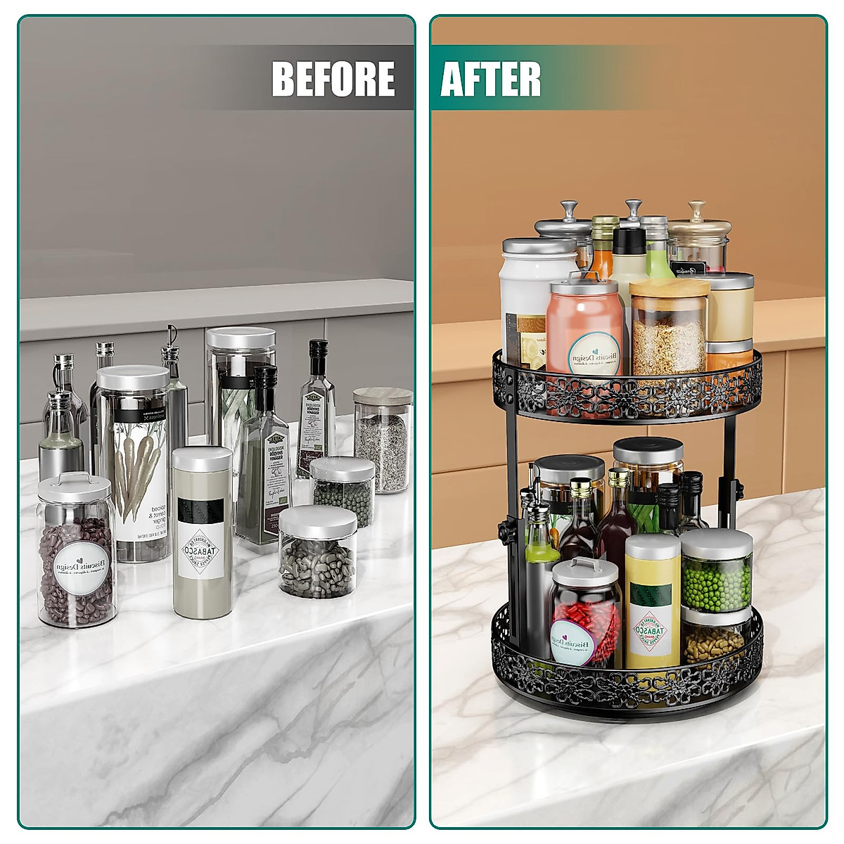 10" Lazy Susan Organizer, 2 Tier Lazy Susan Turntable for Cabinet, Countertop, Kitchen, Pantry, Height Adjustable Rotating Spice Rack Organizer with Non-Slip Pad for Dining, Countertop, Bathroom