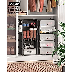 DINMO 10-Tier Shoe Rack with Doors for Entryway, 20 Pairs, Portable Plastic Cubby Shoe Shelves Organizer Unit, DIY Shoe Cabinet, Black