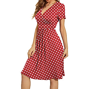WEACZZY Women Summer Casual Short Sleeve Dresses Empire Waist Dress with Pockets,White Dot Red,S