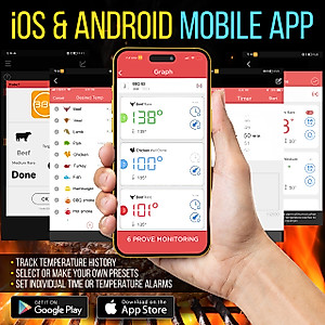 NutriChef Bluetooth Grill BBQ Meat Thermometer, 150 ft Wireless Digital Monitoring Timer & Alarm for Smoker, Oven