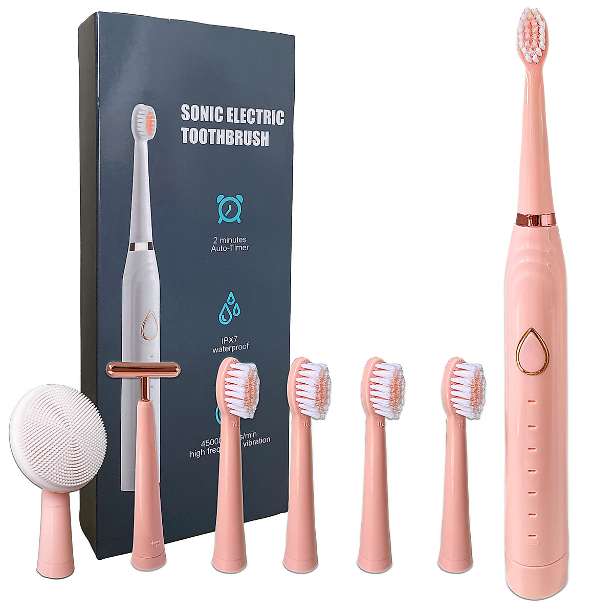 JANECC Electric Toothbrush for Adults, Rechargeable Sonic Toothbrushes, 6 Modes, 45,000VPM Motor and 2 Mins Smart Timer, 1 Face Washing Head, Facial Massage 5 Brush Heads(Pink), 9.8X3.9X1.18 Inch