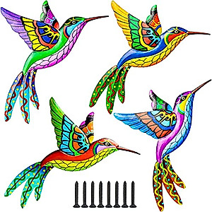4 Pack Metal Hummingbird Wall Art Decor 10.5 Inches, 3D Outdoor Wall Art Patio Fence Decorations, Colorful Metal Yard Art Hanging Garden Decor for Outside, House, Porch, Living Room, Christmas Gift