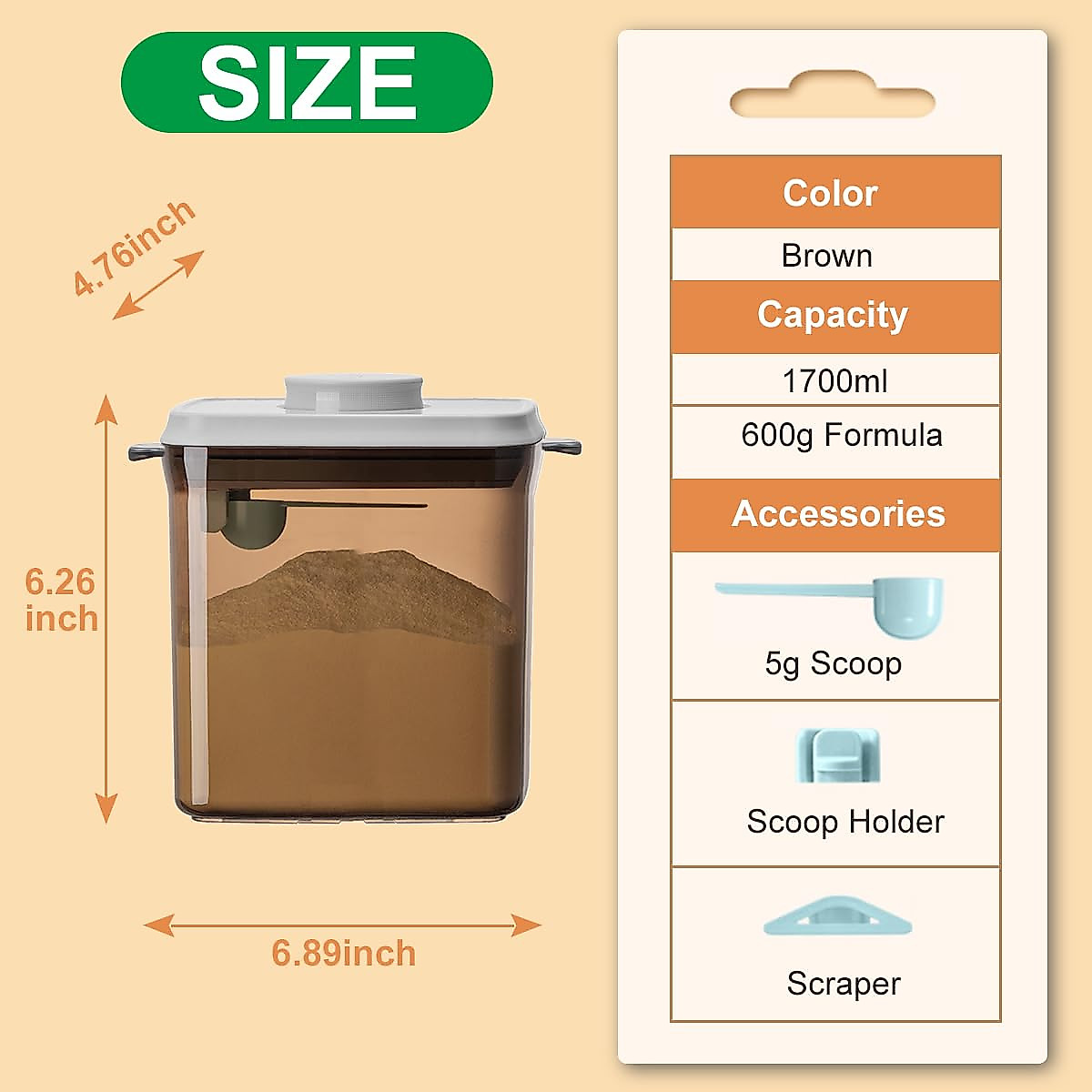 Formula Container, 1700Ml/730g Airtight Formula Dispenser, One Button Handy Pop Up Food Containers Milk Powder Container, BPA-Free Food Storage Containers with Lids, Scoop and Scraper, Dark Brown