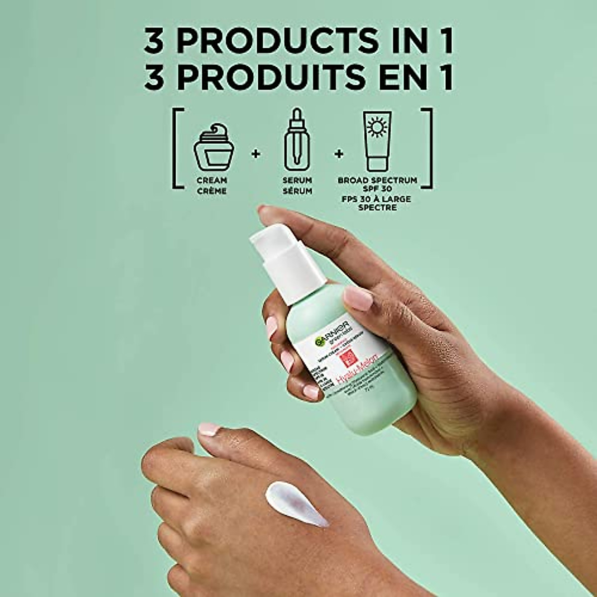 Garnier Green Labs Hyalu-Melon 3-in-1 Replumping Serum Cream with Hyaluronic Acid, 24h Moisture + Serum + SPF 30, 2.4 Fl Oz (72mL), 1 Count (Packaging May Vary)