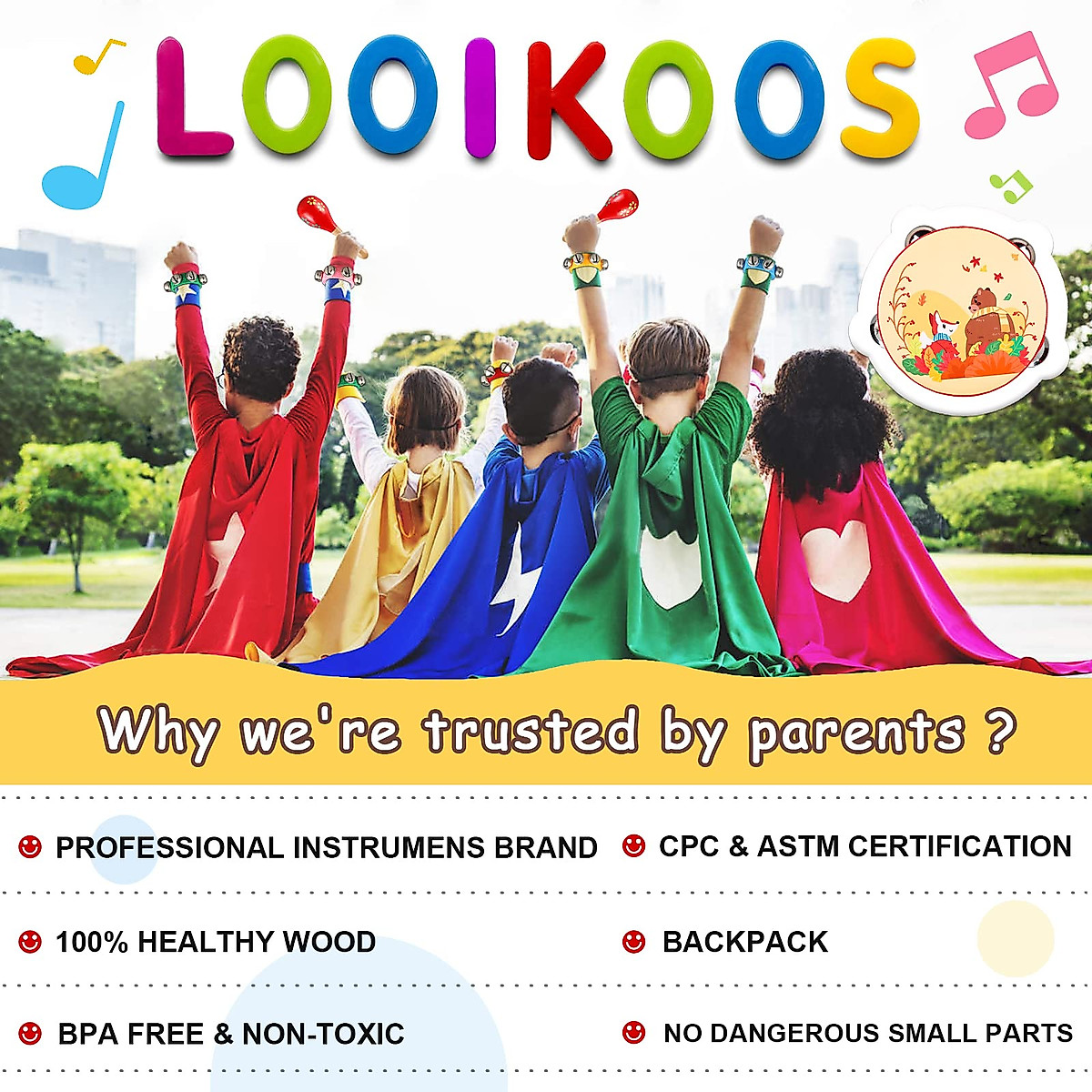 LOOIKOOS Kids Musical Instruments for Toddlers,Baby Musical Toys for Toddlers,Wooden Percussion Instruments Toys Tambourine Xylophone for Kids