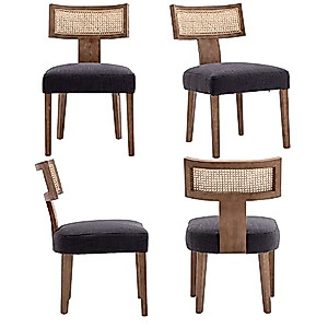 VESCASA Linen Upholstered Dining Chairs with Natural Wood Legs, Farmhouse Padded Dining Chairs with Rattan Curved Open Back for Dining Room, Kitchen, Set of 2, Charcoal