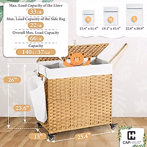 CAPHAUS Laundry Basket w/Wheels, Synthetic Rattan Laundry Hamper w/Lid, Removable Liner Bags, Mesh Bags, Pulling Strap, Clothes Hamper for Laundry, Basket w/Lid for Storage, 140L, Natural