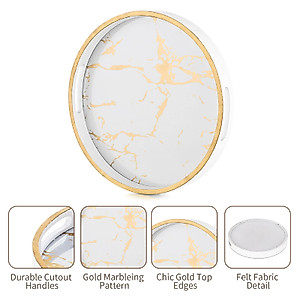 Hanobe Round Decorative Coffee Tray: Marble Pattern Serving Circle Tray with Handles Coffee Table Trays for Living Room Bar Drink Party Home Kitchen, White