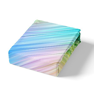 Girls Green Yellow Pink Stripes Bedding Set Twin Size Geometric Decor Bed Set for Teens Bedroom Decor Kids Sheet Microfiber Abstract Art Gradient Bed Cover(1 Fitted Sheet+1 Pillow Case)