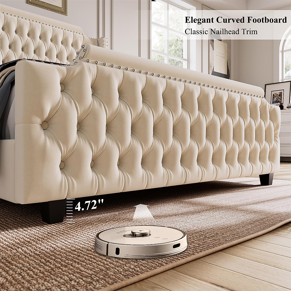 HOSTACK King Size Platform Bed Frame with 54" Tall Wingback Headboard & Deep Button Tufted Footboard, Velvet Upholstered Bed Frame with Handmade Pleats, Nailhead Trim, No Box Spring Needed, Cream