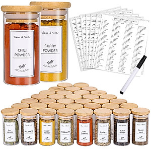 CUCUMI 36pcs Spice Containers with Bamboo Lids 4oz Glass Spice Jars with Labels and Chalk Marker, Seasoning Storage Containers for Spice Rack, Cabinet and Drawer