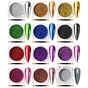 11pcs Magic Mirror Chrome Nail Powder & 1pc Holographic Laser Silver Nail Powder Pigment, Shinny Glitter Nail Art, Dust Nail Powder for Manicure Decorations