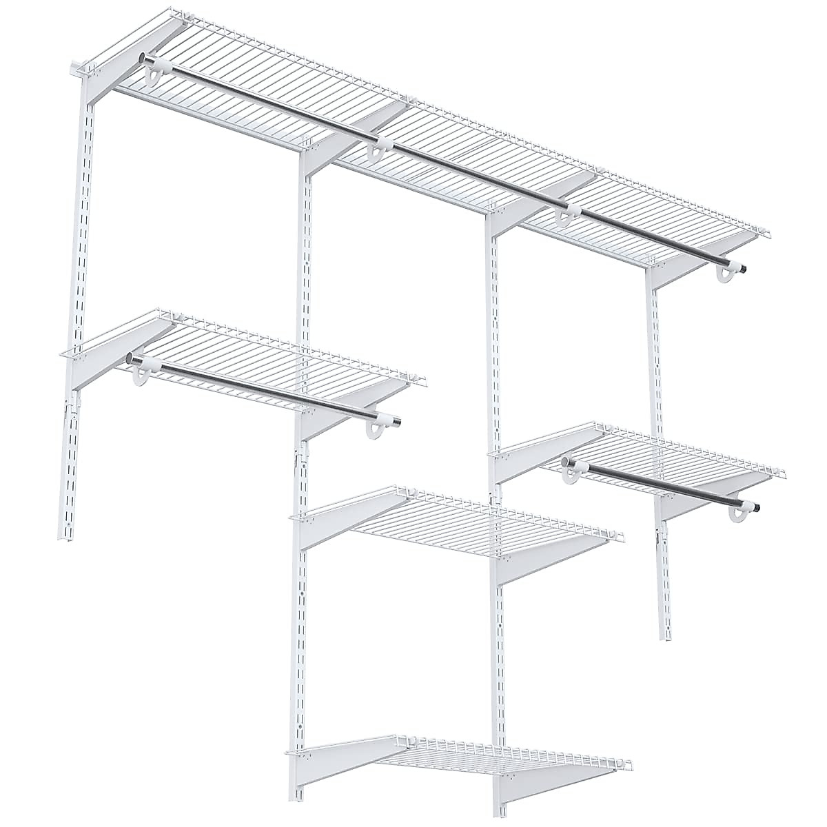 S AFSTAR 4 to 6 FT Mounted Closet Systems, Height Adjustable Custom Clothes Closet Kit with 3 Hanging Rod & 6 Storage Shelves, Wall-Mounted Clothes Closet Organizer for Bedroom Apartment, White