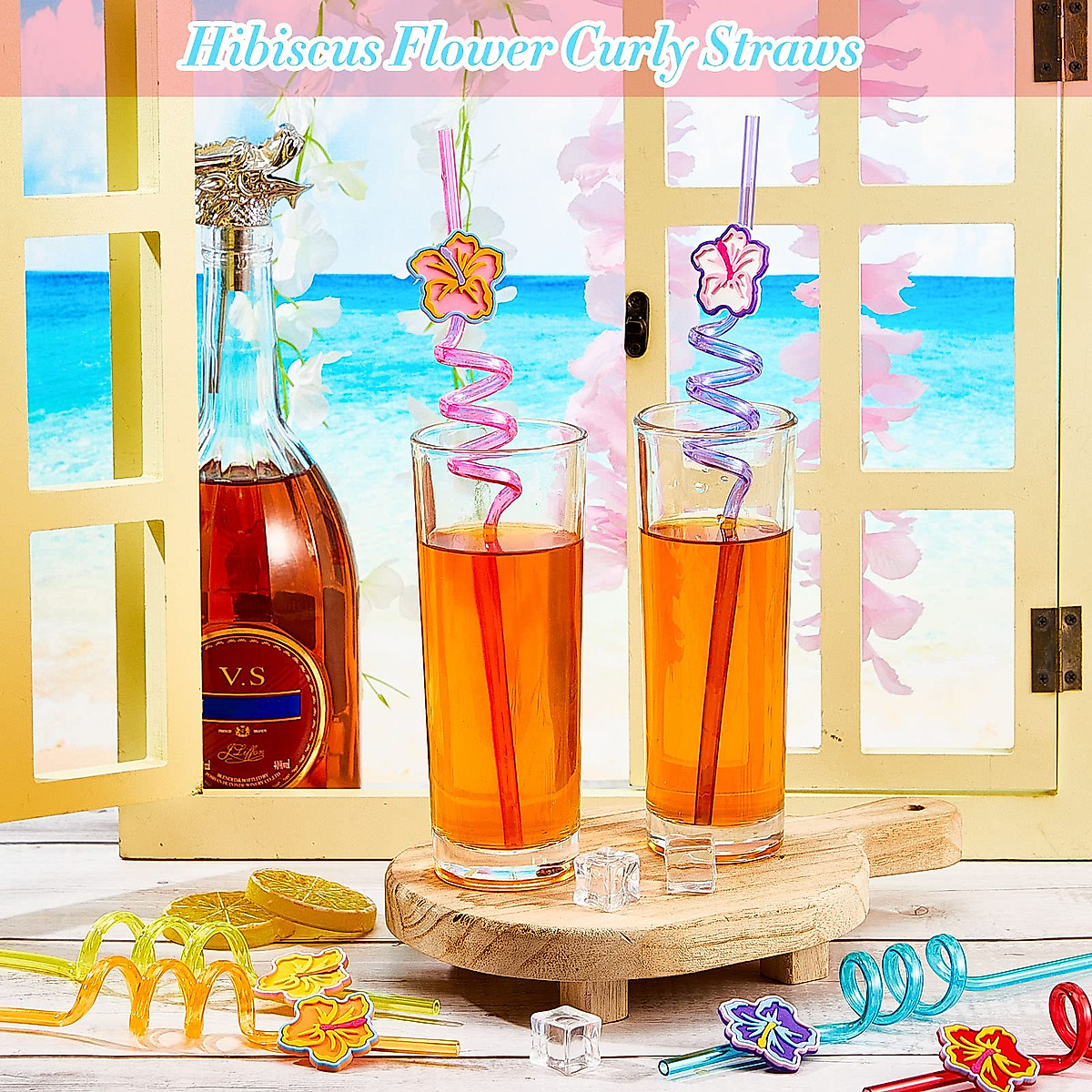 24 Pcs Hibiscus Flower Bendable Straws Flower Drinking Straws Plastic Hibiscus Flower Straws Flower Party Favors for Kids Boys Girls Spring Summer Hawaiian Beach Birthday Supplies, 6 Colors