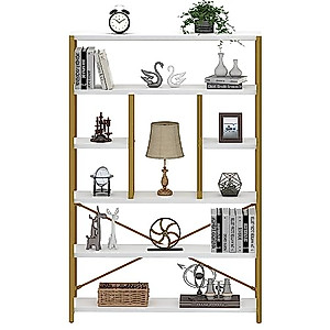 LVB Gold Book Shelf Organizer, Large Tall 6 Tier Bookshelves Storage, Big Modern Metal Wooden 6 Shelf Bookcase, Farmhouse Open Display Vertical Bookshelf for Bedroom Living Room Office, White and Gold