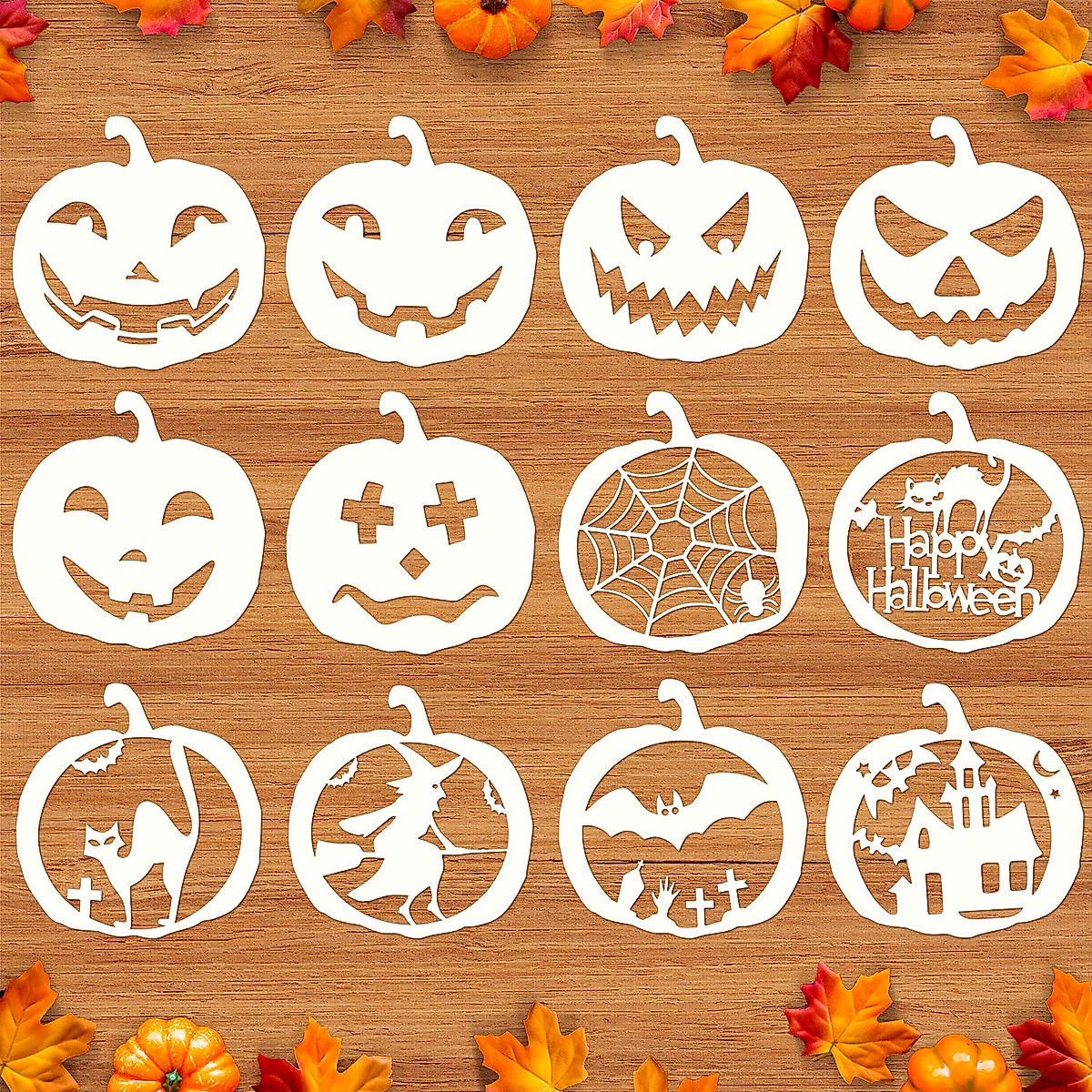Mocoosy 12 Pcs 8 Inch Halloween Stencils, Large Pumpkin Stencils for Carving, Reusable Plastic Halloween Stencils for Painting on Wood Pumpkin Wall Fabrics Window