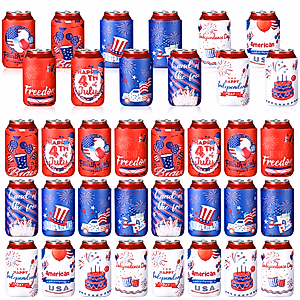 36 Pieces Independence Day Can Cooler Sleeve 4th of July Thermocoolers Collapsible Neoprene Bottle Insulators American Flag Can Cooler Sleeve Patriotic Drink Cooler for 12oz Drink Party Supplies