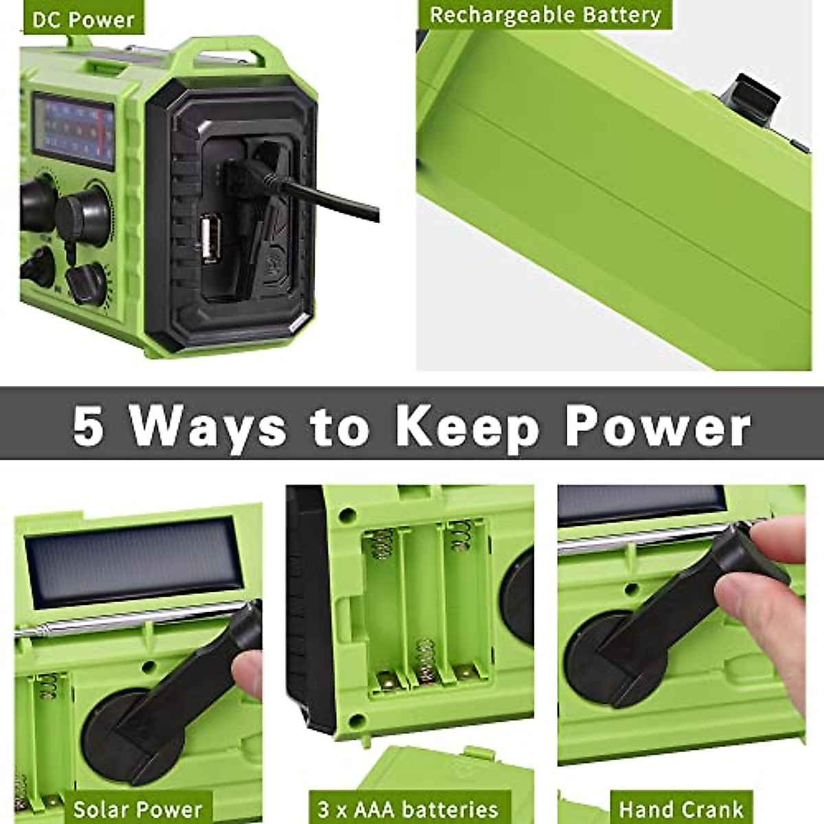 Emergency Radio Hand Crank Solar, AM/FM/SW NOAA Weather Radio, Portable Battery Operated Radio with Cell Phone Charger, 3W LED Flashlight & Reading Lamp, SOS for Home,Storm,Camping,Survival