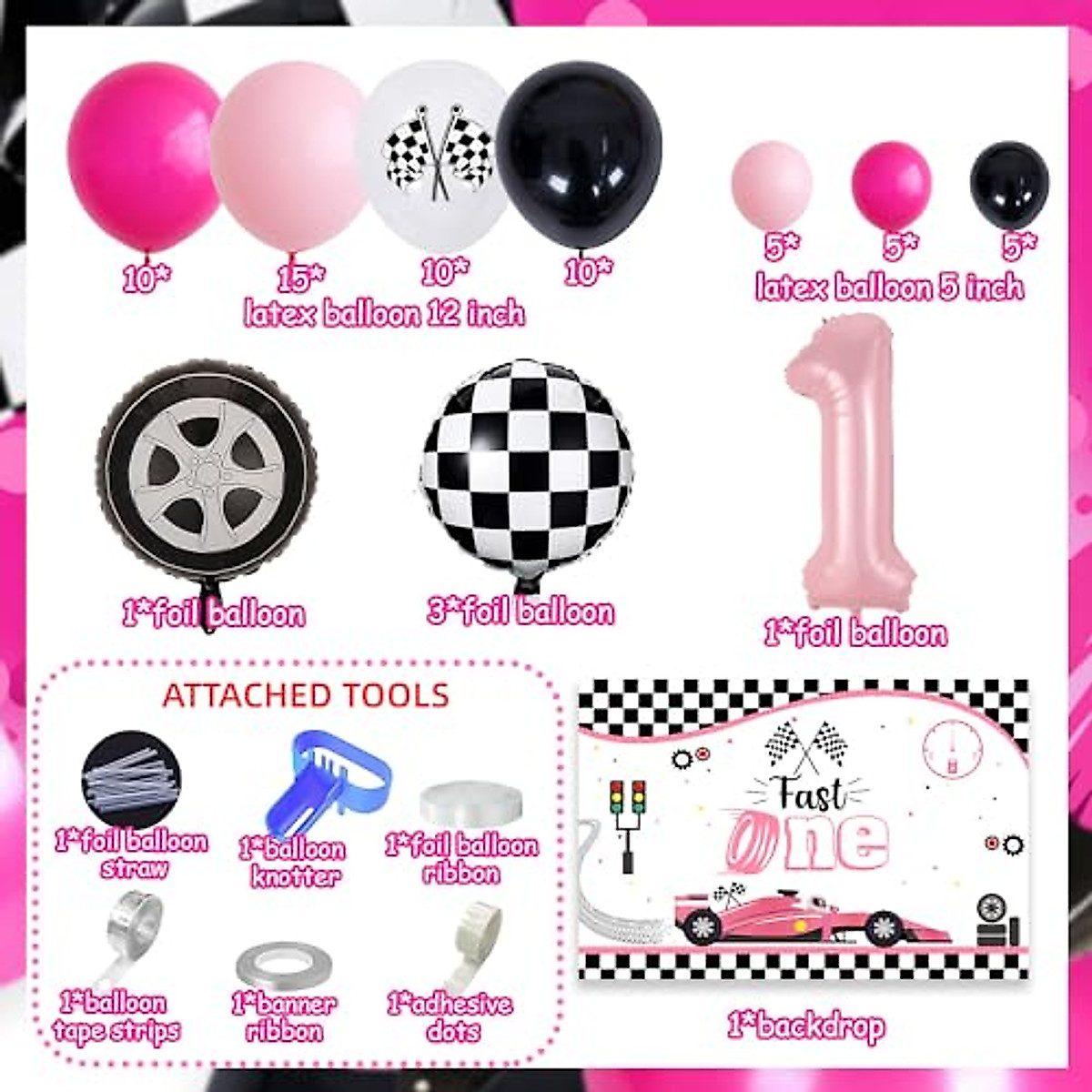 72Pcs Racing Car Theme Birthday Party Decorations for Girls, Pink Racing 1st Birthday Decoration, Fast One Backdrop Pink Black Balloon Garland Kit for children Race Car 1st Birthday Party Supplies