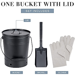 Ash Bucket with Lid and Coal Shovel, Fireplace Metal Bucket, Charcoal Bucket, Ash Can, Galvanized Iron Ash Bucket for Hearth, Fire Pit, Wood Burning Stove, Grill, Black