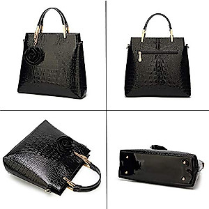 Women Tote Bag Shoulder Purse Patent Leather HandBag Designer Crocodile Rose Top Handle Bag Office Satchel Totes, Black