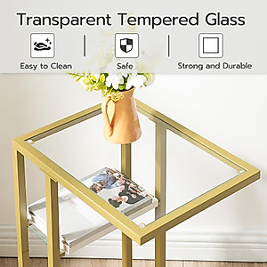 HOOBRO C Shaped End Table, Small Side Table for Couch and Bed, Tempered Glass Sofa Table with Metal Frame, Snack Accent Table for Small Place, Living Room, Bedroom, Gold GD08SF01