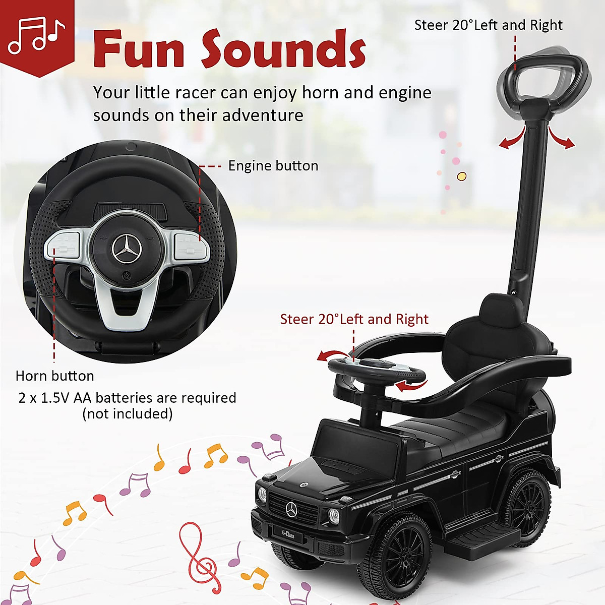 Costzon Push Car for Toddlers, 3 in 1 Mercedes Benz Stroller Sliding Walking Car w/Canopy, Handle, Armrest Guardrail, Underneath Storage, Horn Sound, Foot-to-Floor Ride On Toy for Boys Girls (Black)