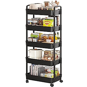 5-Tier Rolling Cart, Multipurpose Utility Cart, Rolling Carts with Lockable Wheels, Storage Cart Craft Cart Organizer for Bathroom Laundry Kitchen,Used as Book Art Snack lash Makeup Diaper cart,Black