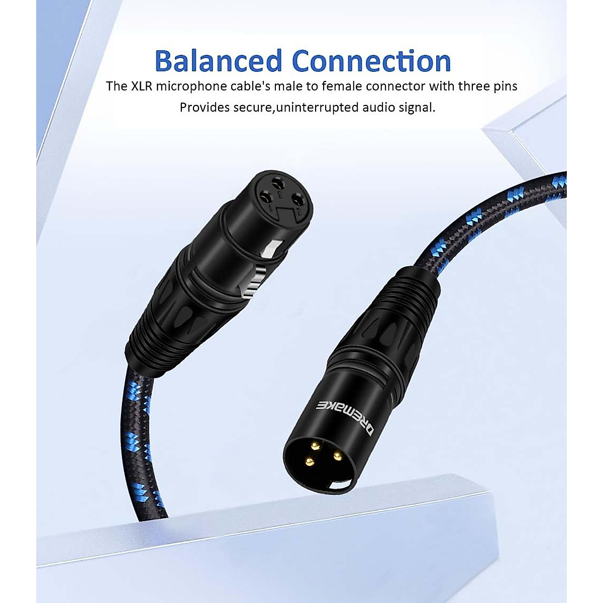 DREMAKE 66 Foot XLR Mic Cable, Balanced XLR 3Pin Male to Female Microphone Patch Cable for Live Sound & Stage, Studio Harmonizer, Mixing Board, Patch Bay, Preamp, Speaker System - Black/Blue Tweed
