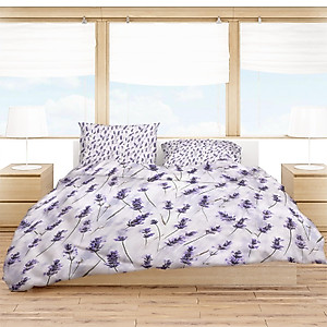 Anzona Purple Lavender Duvet Cover Queen Size - 4 Pieces Duvet Cover Set, Spring Flower Watercolor Floral Rustic Bedding Comforter Cover Zipper Closure, 1 Duvet Cover 1 Fitted Sheet 2 Pillow Shams