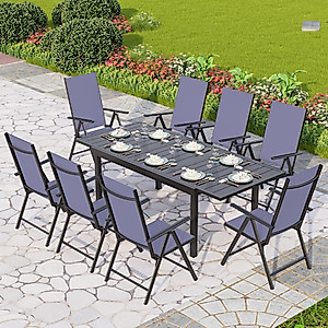 PHI VILLA 9 Piece Outdoor Patio Dining Set, Adjustable Folding Patio Sling Chairs (Blue) with Extendable Metal Steel Dining Table for Outdoor, Garden, Lawn