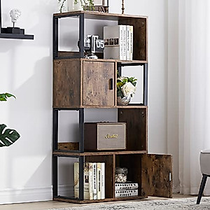 UnaFurni Bookshelf, 5 Tier Narrow Bookshelf with Storage Cabinet, Rustic Wood Bookcases and Book Shelves 5 Shelf for Living Room/Home Office, Rustic Brown