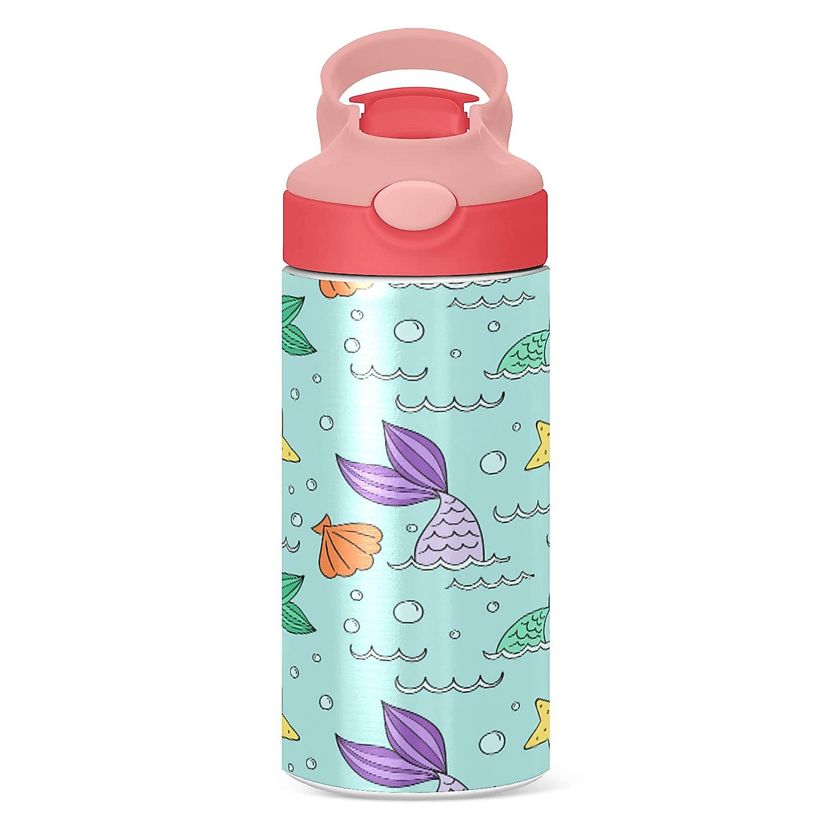 MCHIVER Mermaid Kids Water Bottle with Straw Insulated Stainless Steel Kids Water Bottle Thermos for School Girls Boys Leak Proof Cups 12 oz / 350 ml Pink Top
