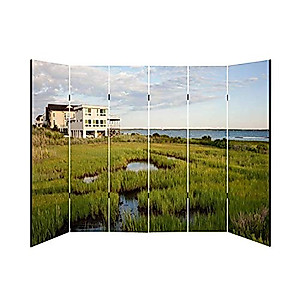 Dola-Dola Wood Screen Room Divider House in The Hamptons Folding Screen Waterproof Canvas Panels Indoor Portable Privacy Dual-Sided Display Shelves 6 Panels