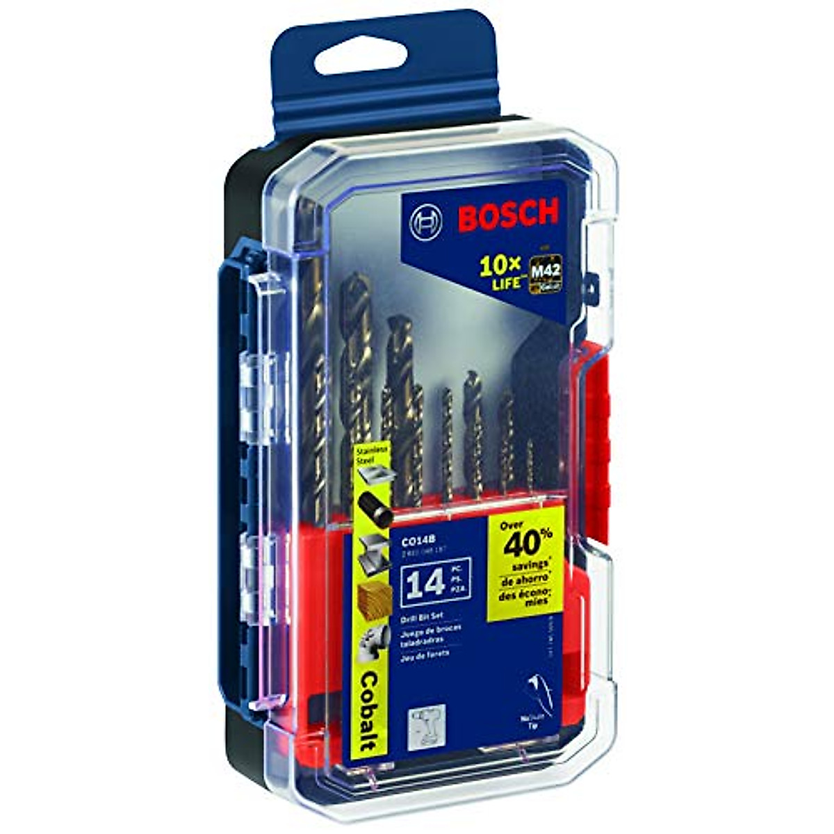 BOSCH CO14B 14-Piece Assorted Set with Included Case Cobalt M42 Metal Drill Bit with Three-Flat Shank for Drilling Applications in Stainless Steel, Cast Iron, Titanium, Light-Gauge Metal, Aluminum