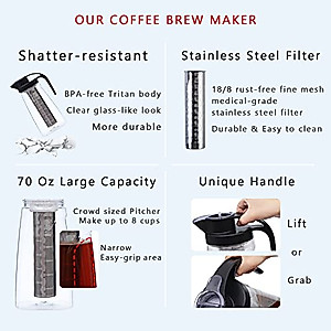 Cold Brew Coffee Maker with Stainless Steel Filter, 70oz, 2-Quart, Airtight BPA-free Tritan Pitcher, Crowed Iced Tea Maker