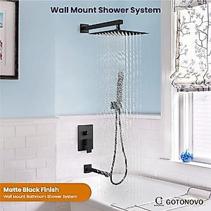 gotonovo Matte Black Shower System with Tub Spout 3 Function Mixer Shower Tub Combo Set 10 Inch Wall Mounted Rainfall Shower Head with Handheld Shower Bathroom Luxury Rain Rough-in Valve and Trim Kit
