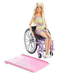 Barbie Fashionistas Doll #194 with Wheelchair and Ramp, Straight Blonde Hair and Rainbow Romper with Accessories