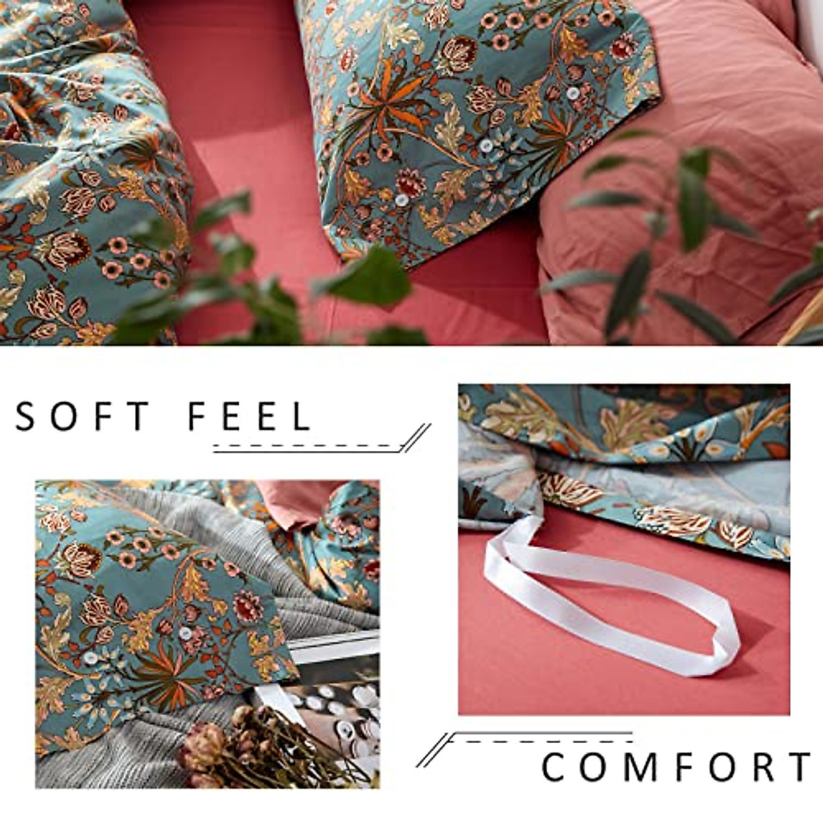 mixinni Vintage Style Garden Flower Duvet Cover Set with Zipper Closure Soft Cotton Yellow Flower Pattern on Blue Bedding Quilt Cover Set(King, All Season)