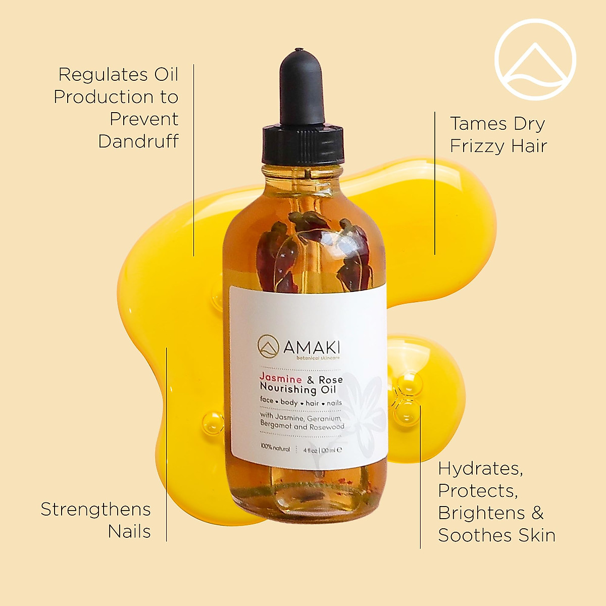 Organic Moisturizer Oil For Face and Skin - Essential Oil Blend for Face, Body, Lips, Nails - Rose Hip, Jojoba, Sweet Almond, Primrose, Argan, Jasmine Oils - Reduces Wrinkles - Massage Oil - by Amaki